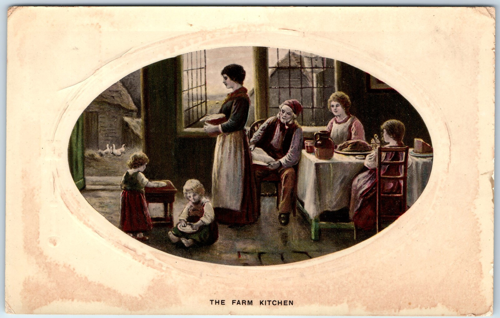 c1910s Gel "Farm Kitchen" Art Painting Litho House Lunch Scene Family ...