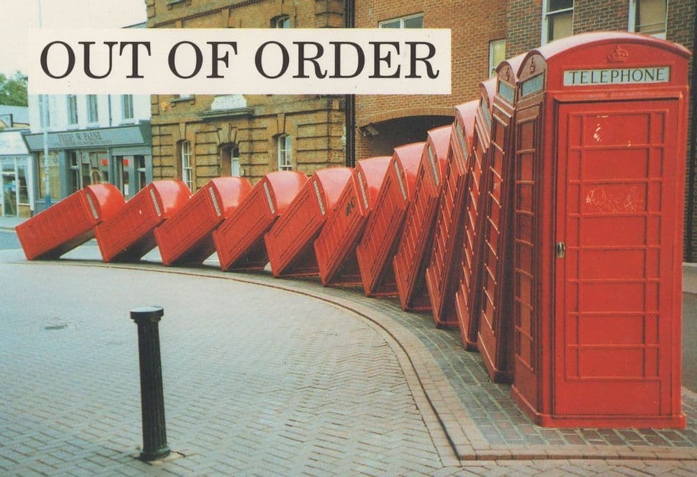 Telephone Box Out Of Order Comic Collapsing London Postcard | Topics ...