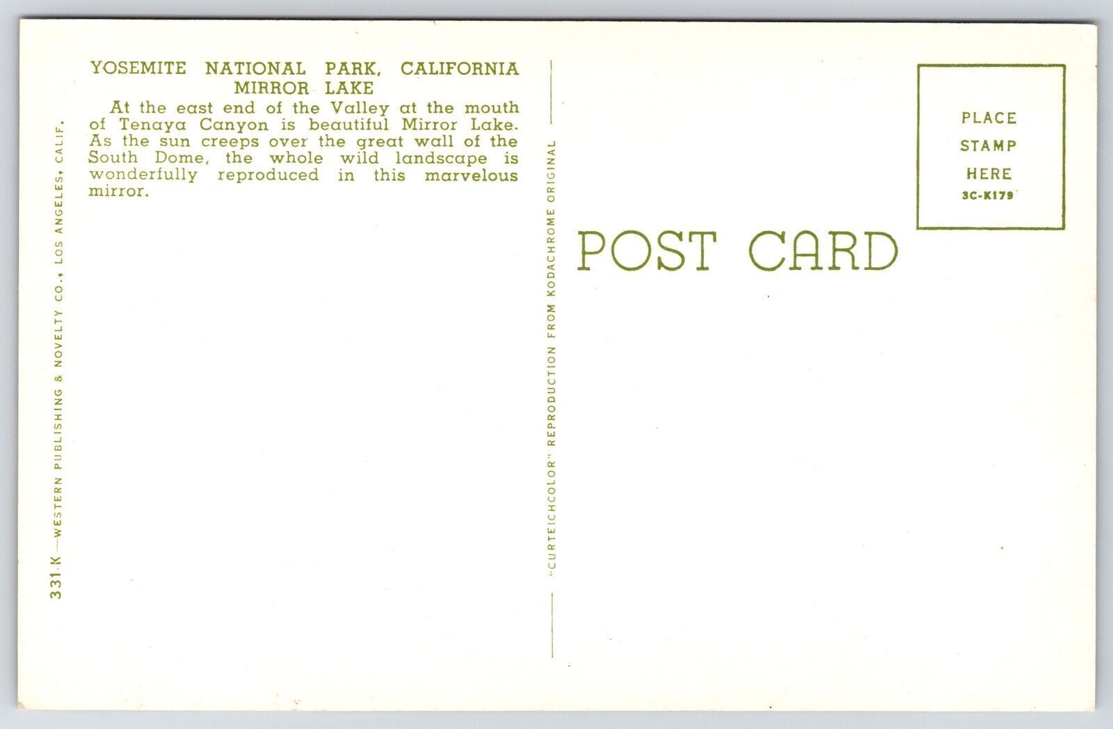 Vintage Postcard Mirror Lake Valley Tenaya Canyon Yosemite National ...