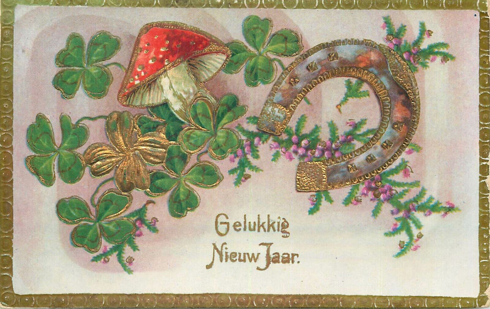 Unit of 2 New Year luck symbols mushroom horseshoe shamrock greetings ...