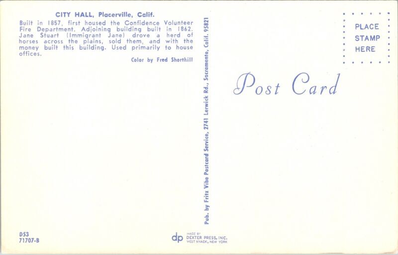 City Hall Placerville California CA Postcard Dexter VTG UNP Vintage ...