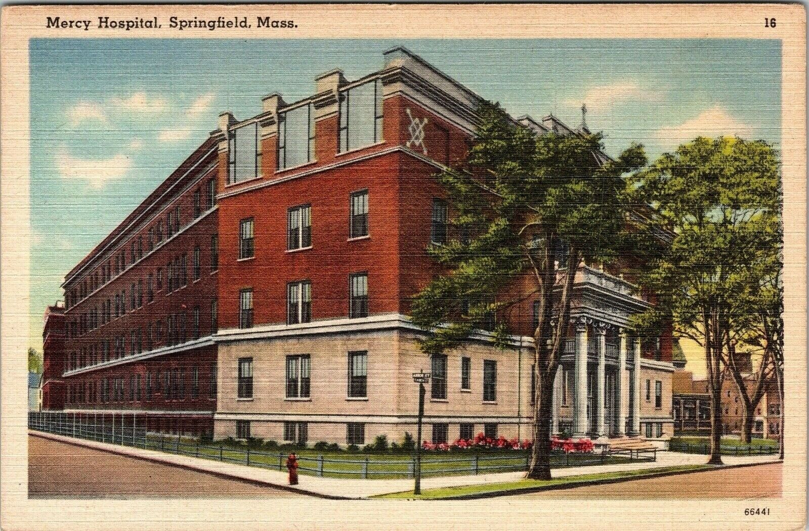 Mercy Hospital Springfield Mass Postcard 1945 PM 66441 Trees Roads Fire ...