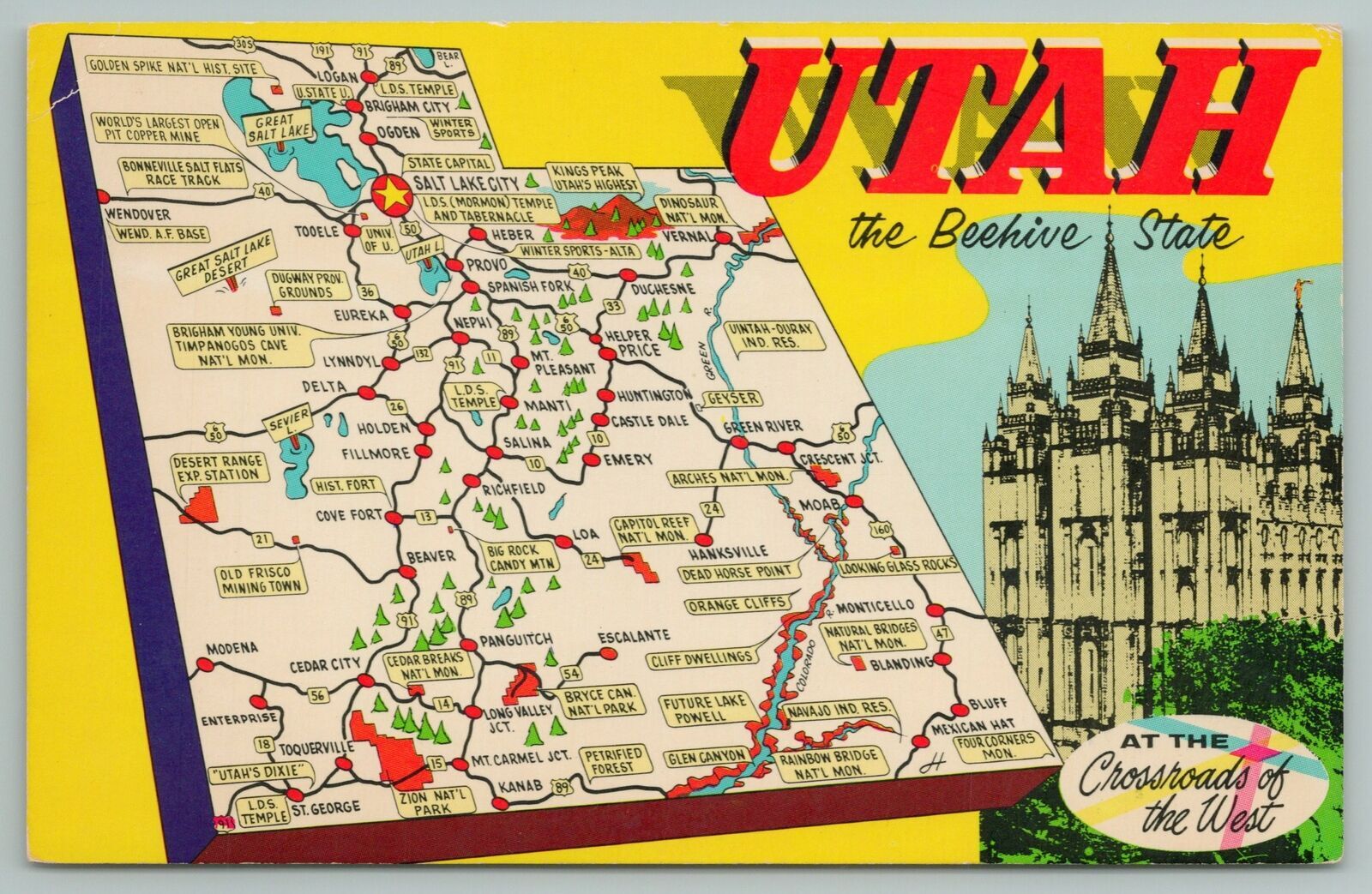 Utah Highway Map Postcard~Beehive State~Eureka~Tooele~Moab~Delta ...