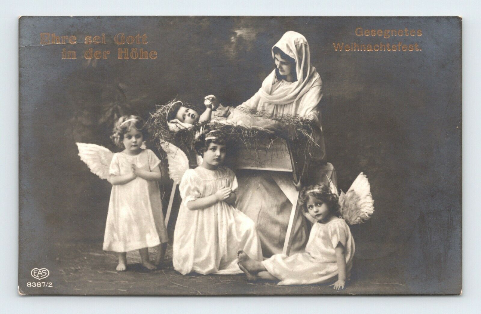 Living Nativity Mary Baby Jesus Manger Angels German RPPC Christmas ...