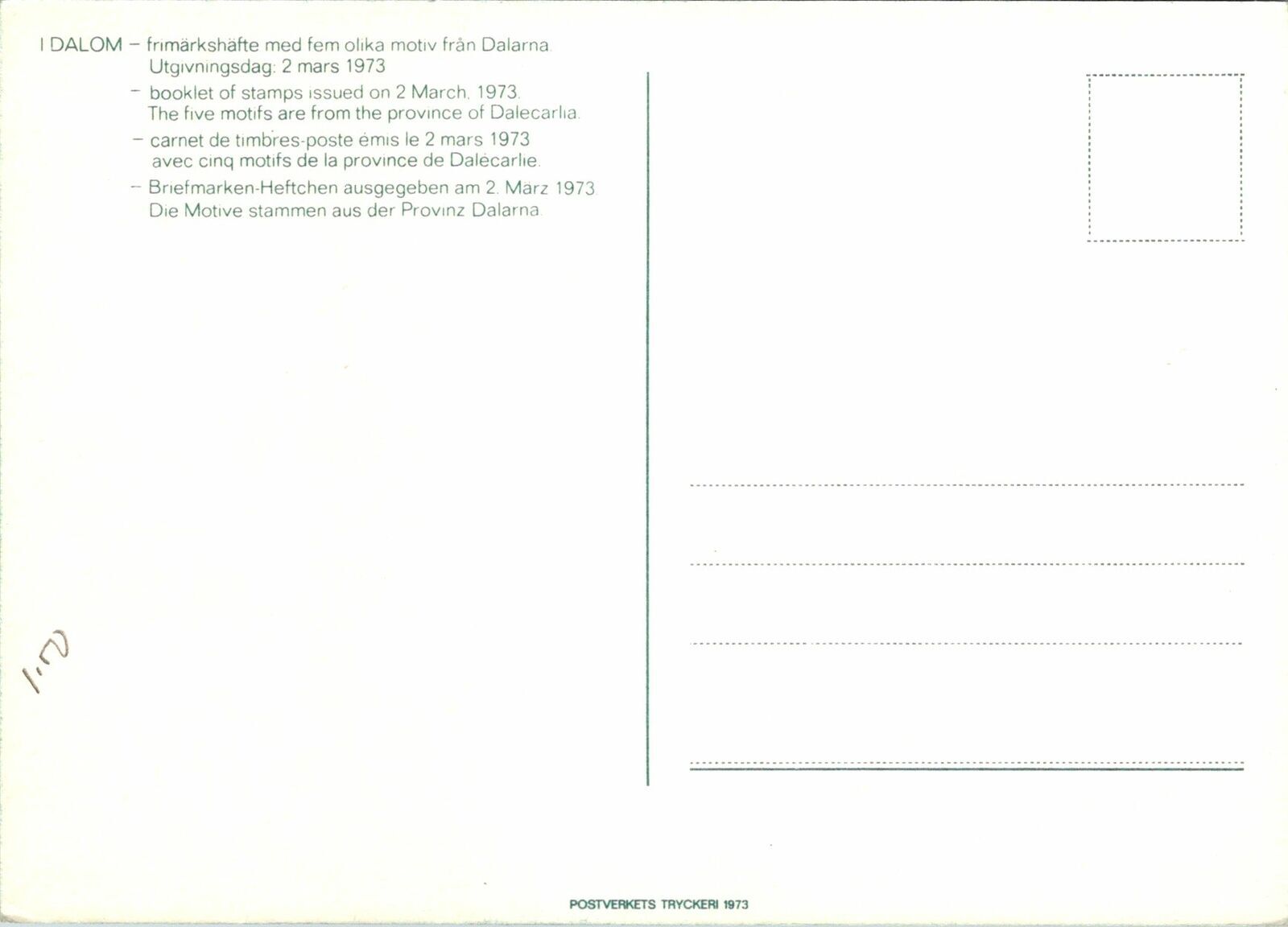 Continental Size Postcard the Sweden Booklet Five Stamps Issued 1973 ...