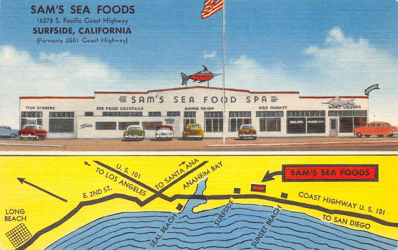 Surfside, CA SAM'S SEA FOODS Seal Beach 40s Roadside Vintage Linen ...