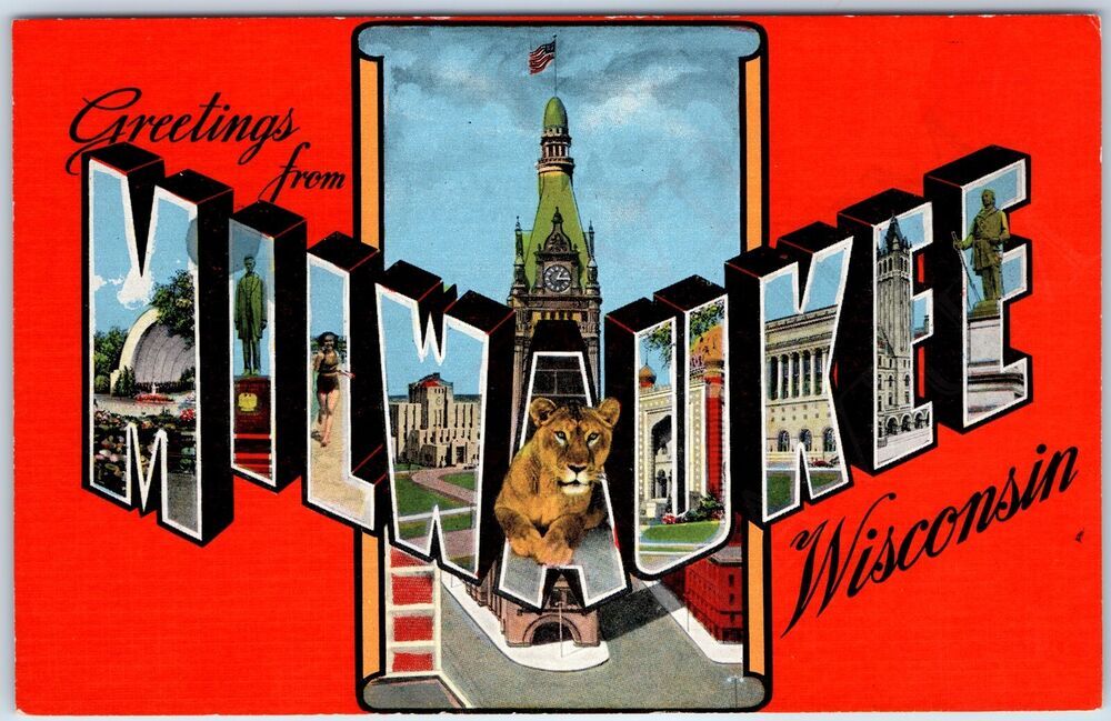 c1940s Milwaukee, Wisc. Greetings Large Bubble Letter Art Views Female ...