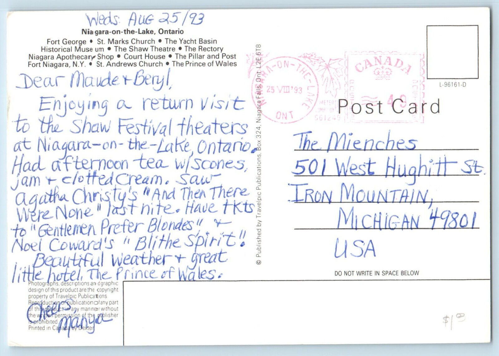 Ontario Canada Postcard Niagara-on-the-Lake 1993 Multiview Posted ...