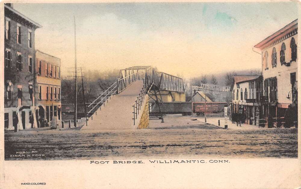 Willimantic Connecticut Foot Bridge & Passing Train, Color Litho. PC ...