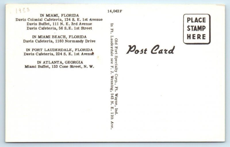 MIAMI, Florida FL ~ Roadside DAVIS COLONIAL CAFETERIA ca 1940s Linen ...