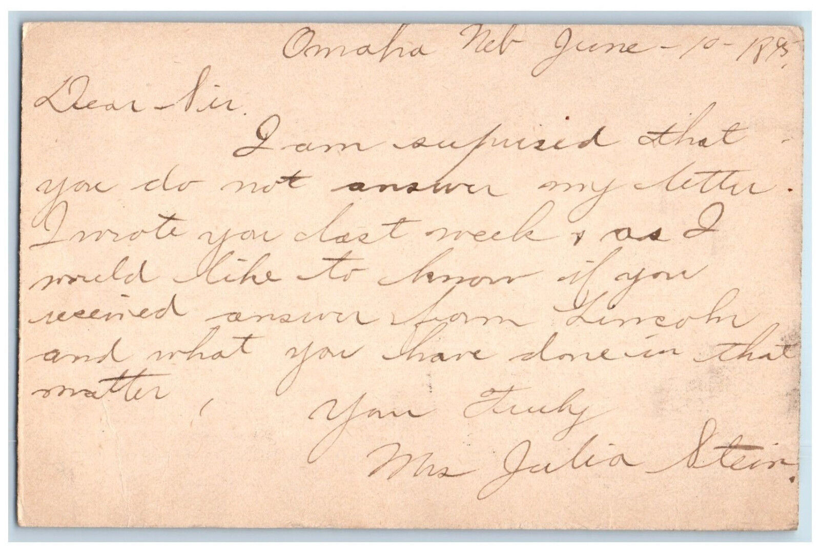 1895 Letter from Julia Fremont NE Omaha Nebraska NE Posted Postal Card ...