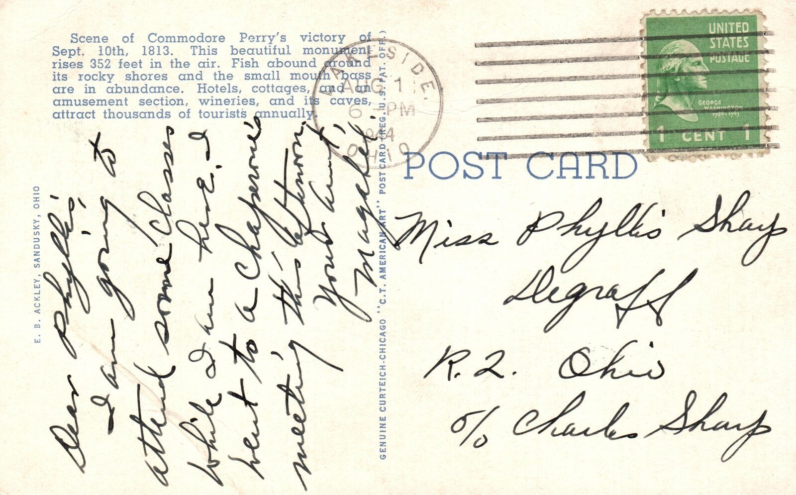 Vintage Postcard 1944 Perry Memorial By Night Lake Erie Vacationland ...