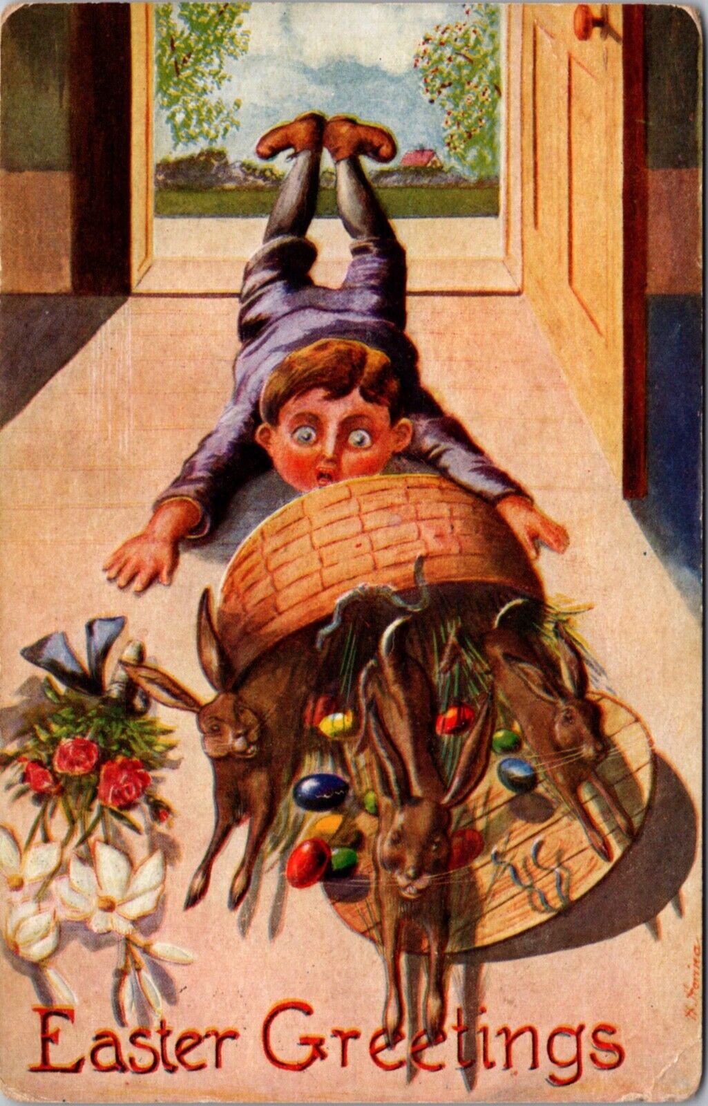 Easter PC Boy Tripping Dropping Basket of Bunny Rabbits Colored Eggs ...