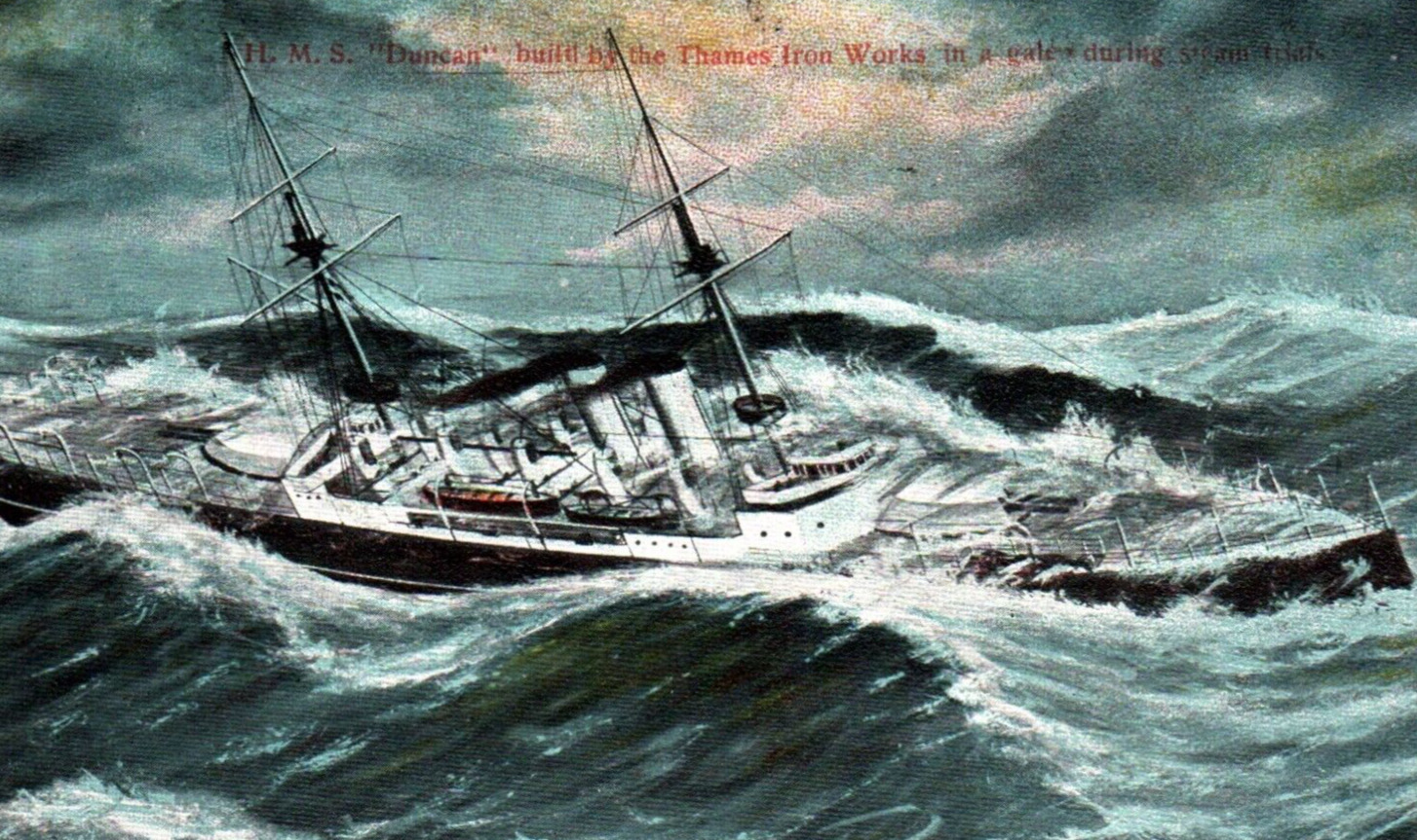 Postcard Royal Navy Battleship HMS Duncan - Thames Iron Works in Storm ...