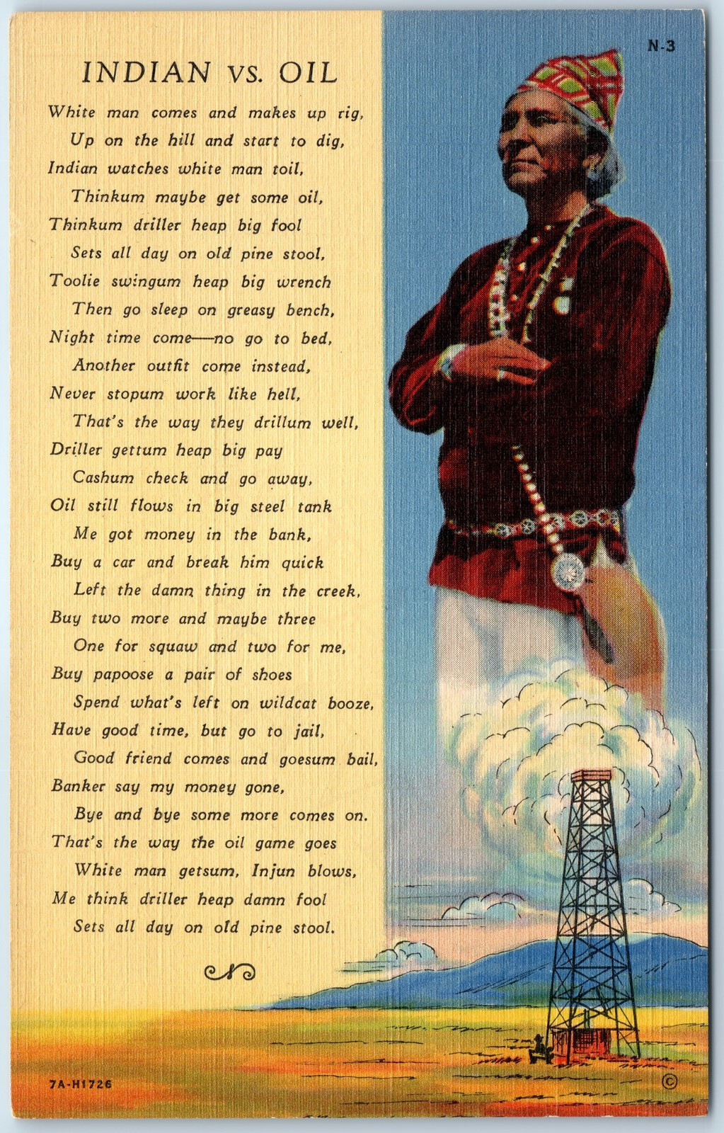 c1940s Indian vs Oil Humor Linen Postcard Native American Drilling Rig ...