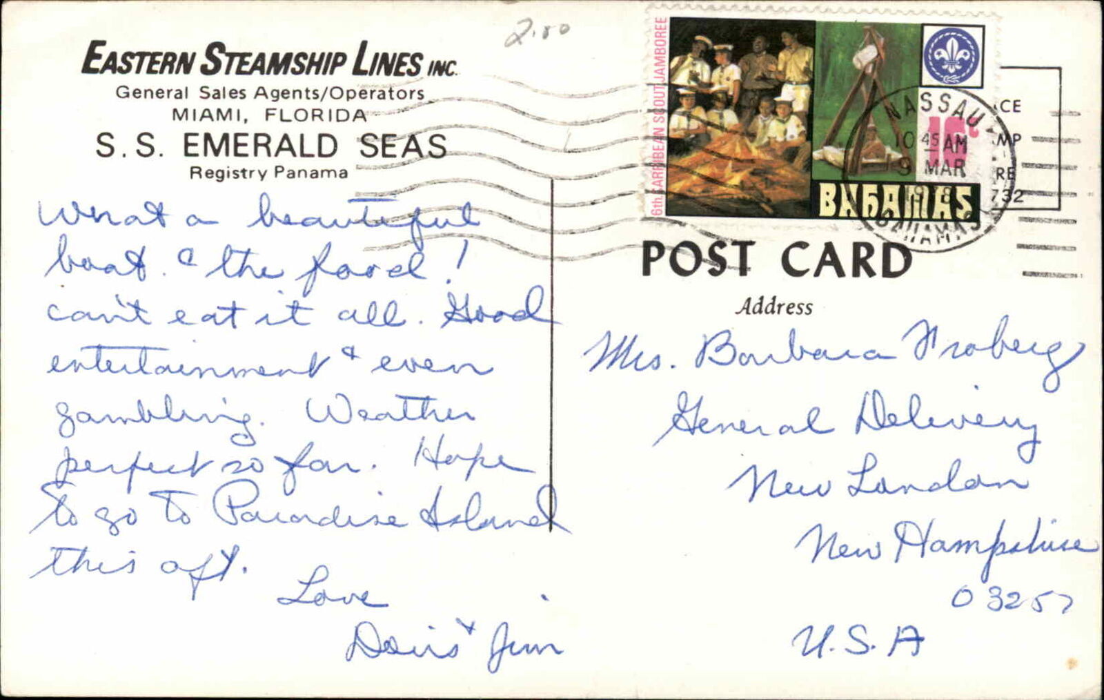Bahamas Steamship Ship SS EMERALD SEAS Cruise Passenger Message c1950s ...