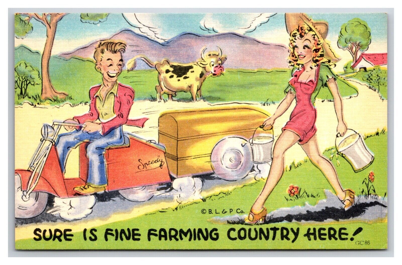 Comic Risque Farm Girl is In Fine Farming Country UNP Linen Postcard ...