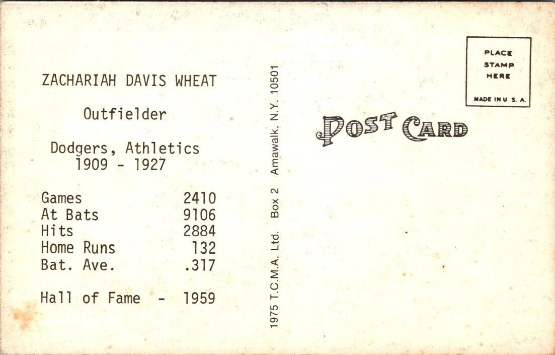 Zack Wheat 1973-80 TCMA All-Time Greats Postcard Brooklyn Dodgers ...
