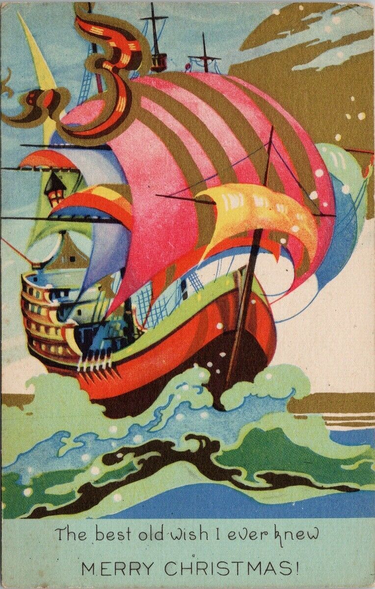 Merry Christmas Ship Boat Colourful Sailboat Xmas Best Old Wish ...