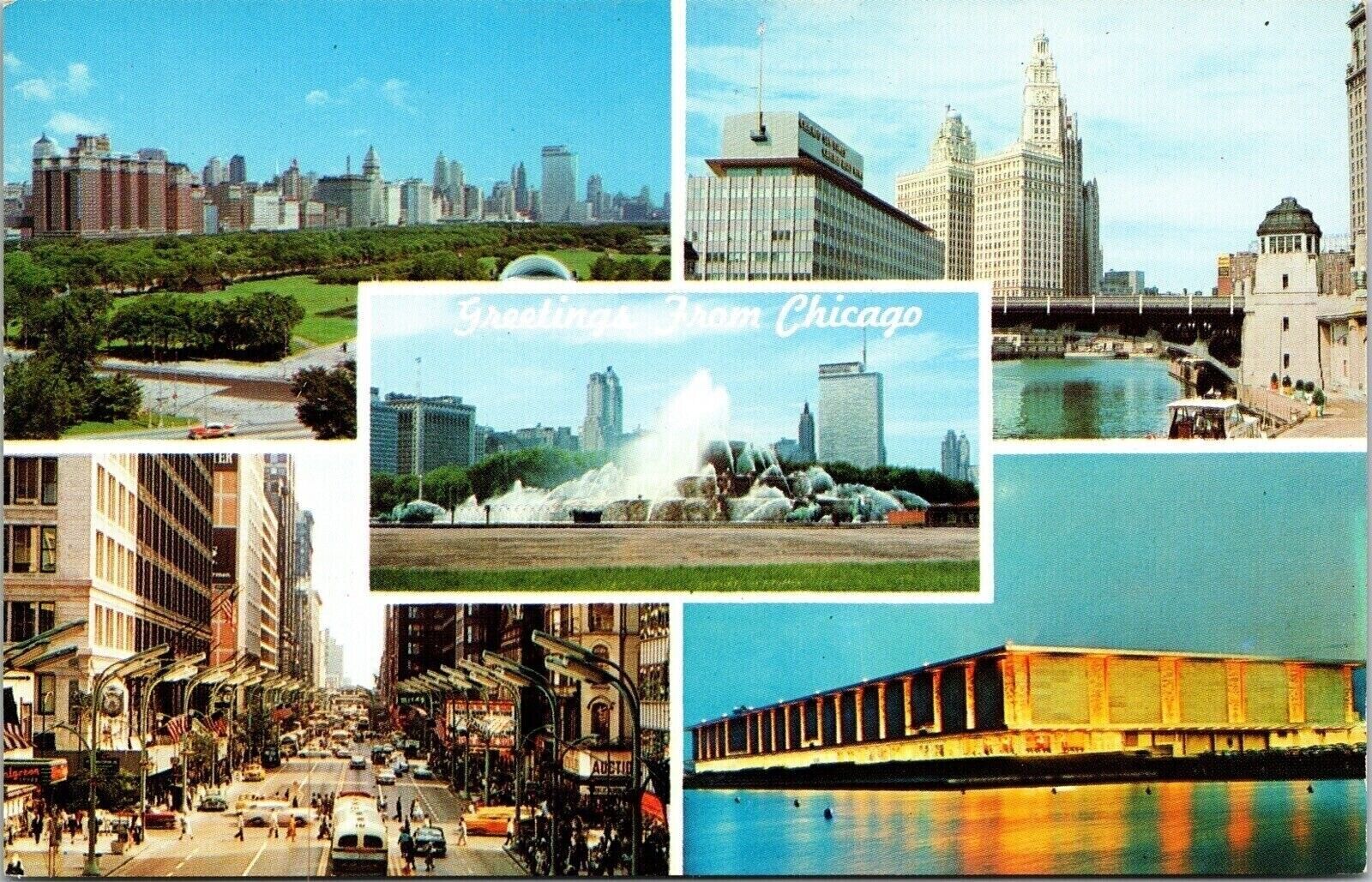 Greetings Chicago Illinois Multi View River Downtown Buildings Chrome ...