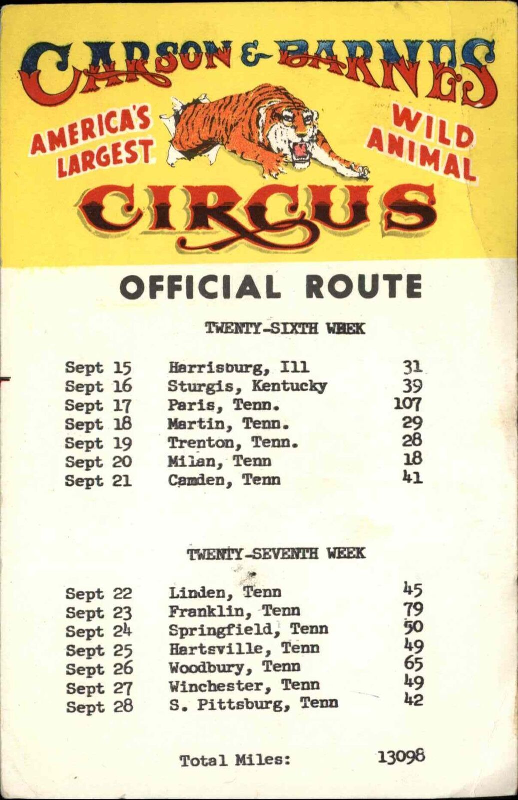 Vintage Carson & Barnes CIRCUS AD ADVERTISING OFFICIAL ROUTE SCHEDULE ...