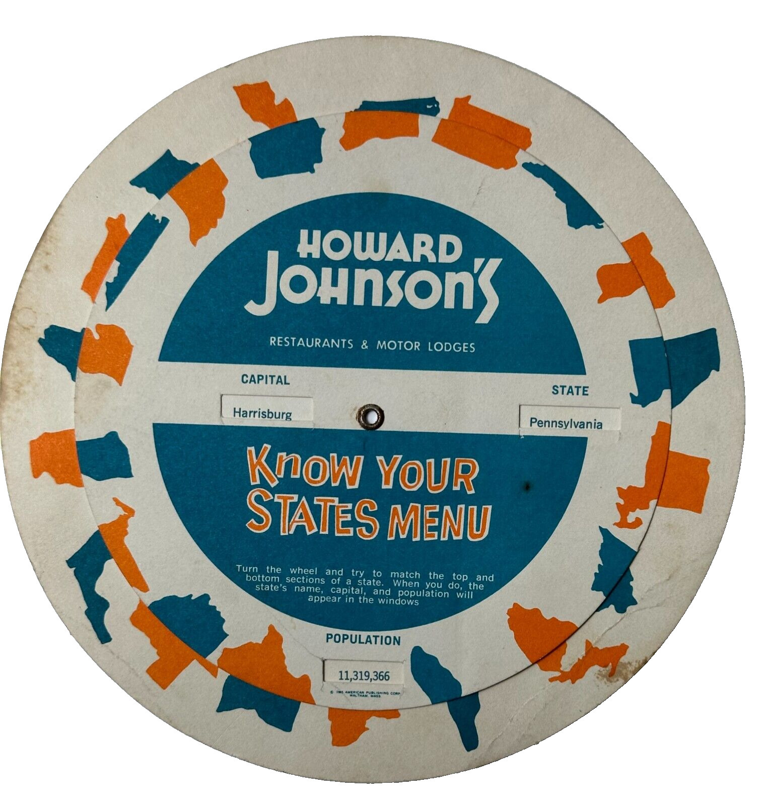 Howard Johnson's Restaurant Children's Know Your States Menu Dial ...
