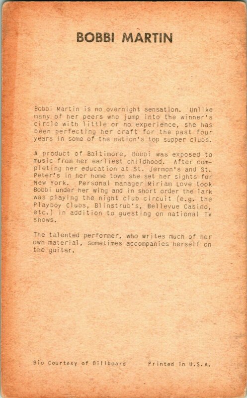 1960s Billboard Music Women Singer & Actress Arcade Card BOBBI MARTIN ...