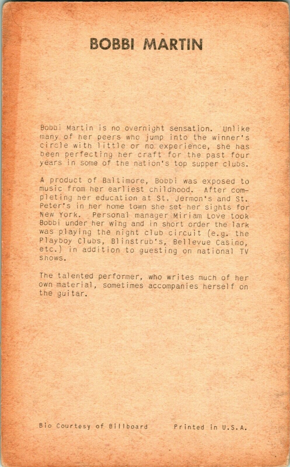 1960s Billboard Music Women Singer & Actress Arcade Card BOBBI MARTIN ...