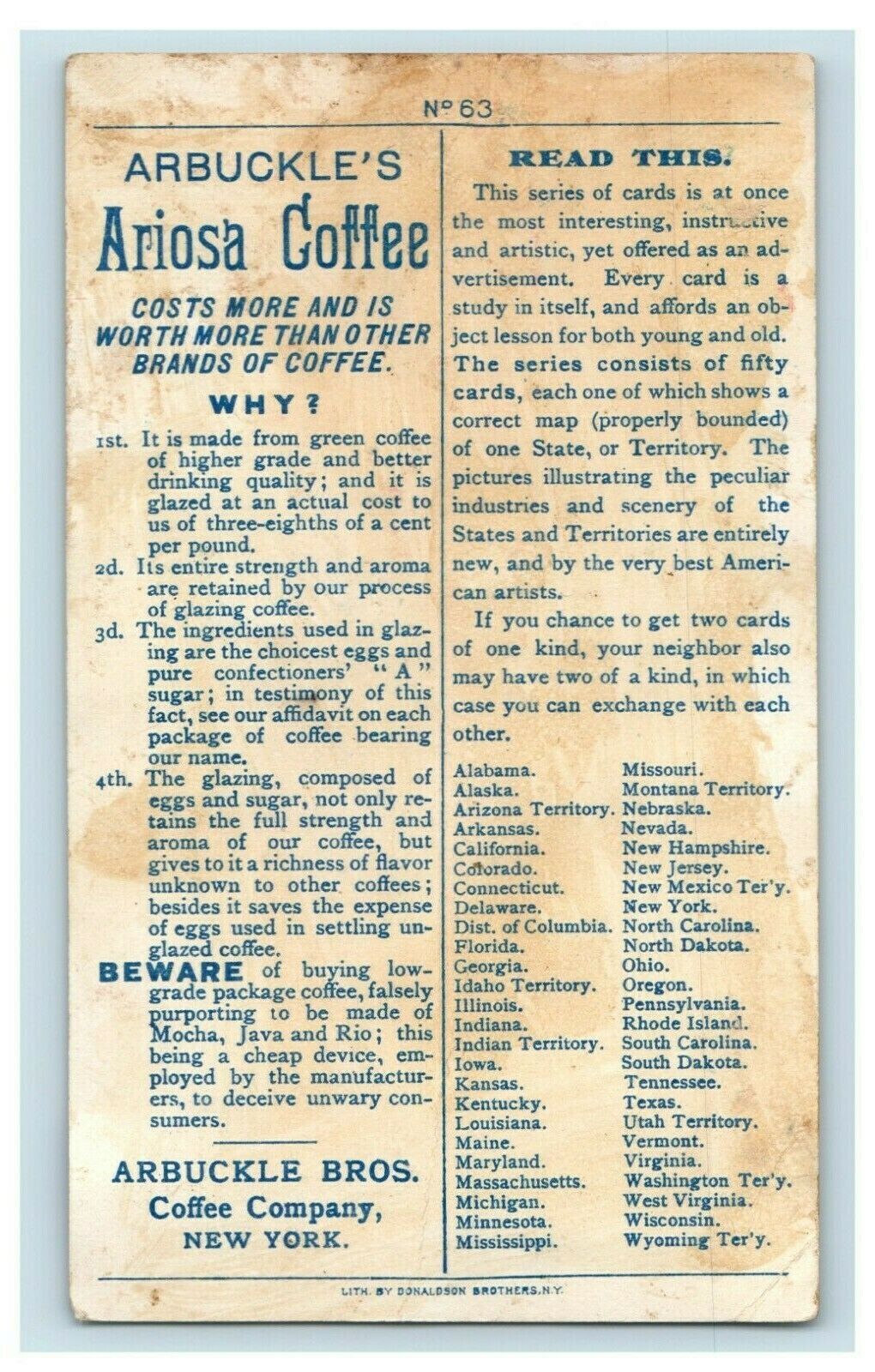 1889 Arbuckle Bros. Ariosa Coffee Michigan Copper & Iron Mine No.63 ...
