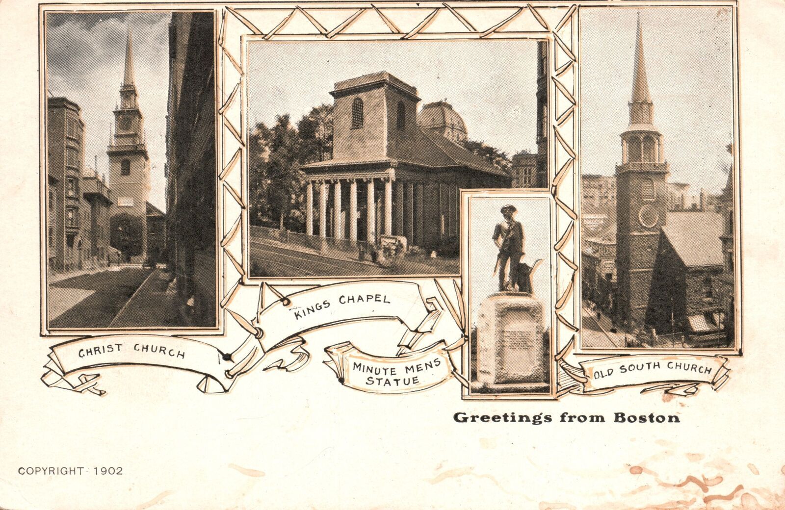 Vintage Postcard Greetings From Boston Churches Building Statue ...