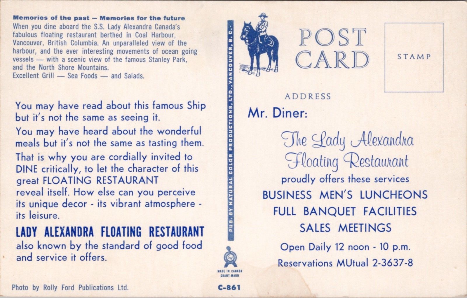 SS Lady Alexandra Floating Restaurant Vancouver BC Ad Advert Postcard ...