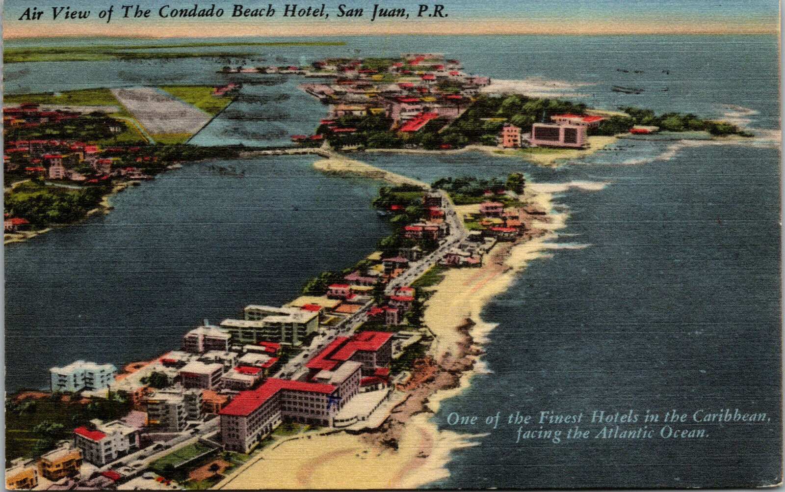 Vtg San Juan Puerto Rico PR Condado Beach Hotel Aerial View 1940s Linen ...