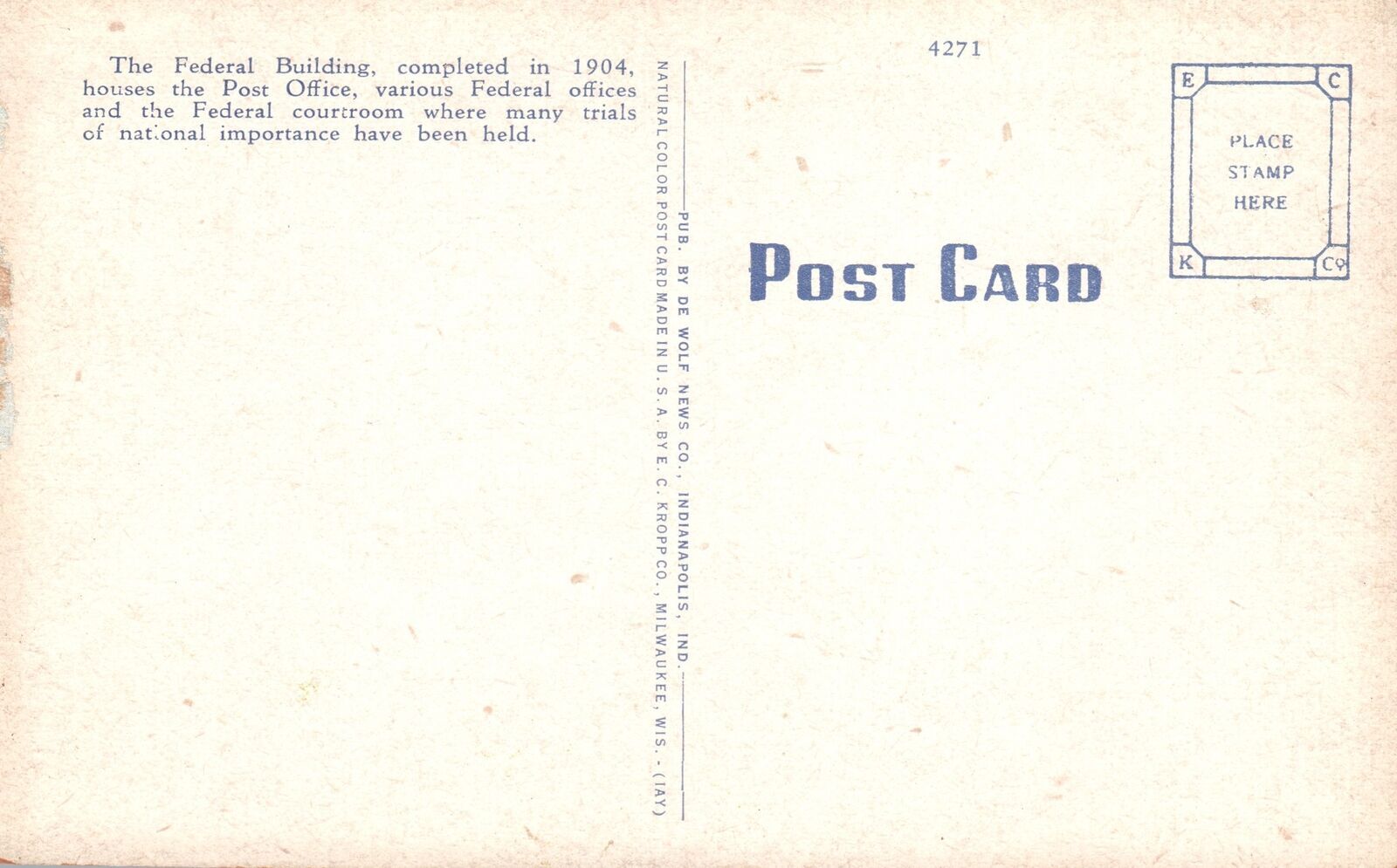 Vintage Postcard U. S. Post Office Building Landmark Indianapolis ...