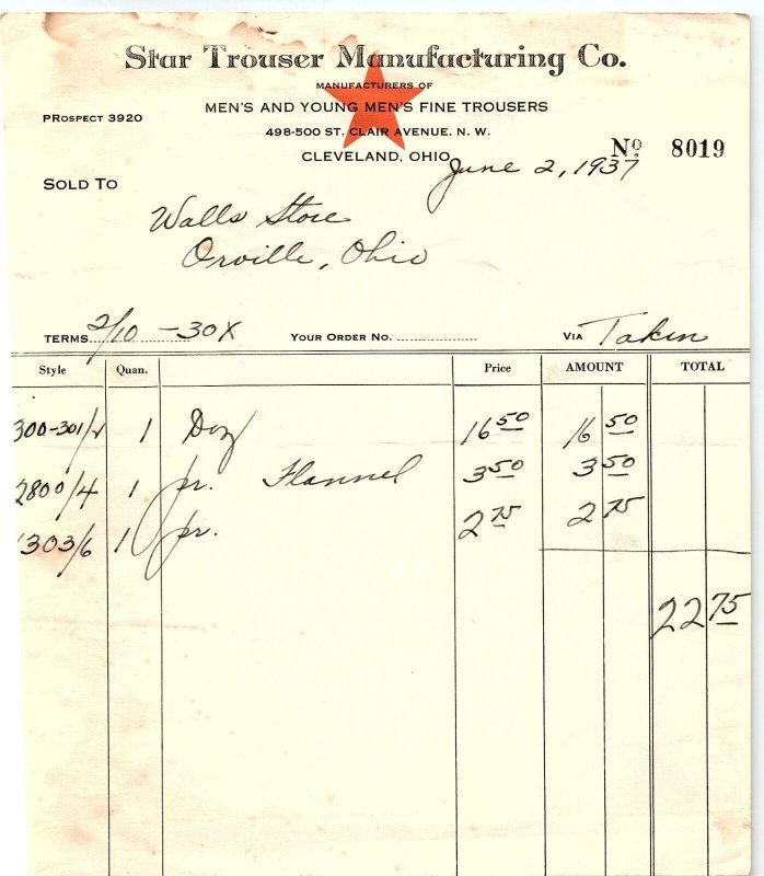 1937 Star Trouser Manufacturing CO Cleveland Ohio Billhead Invoice Z671 ...