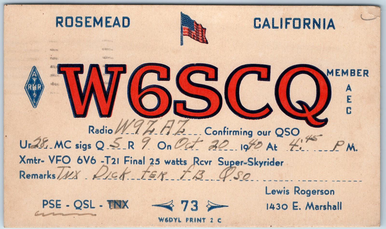 1973 Rosemead, CA W6SCQ QSL Ham Radio Card Lewis Rogerson VFO Super ...