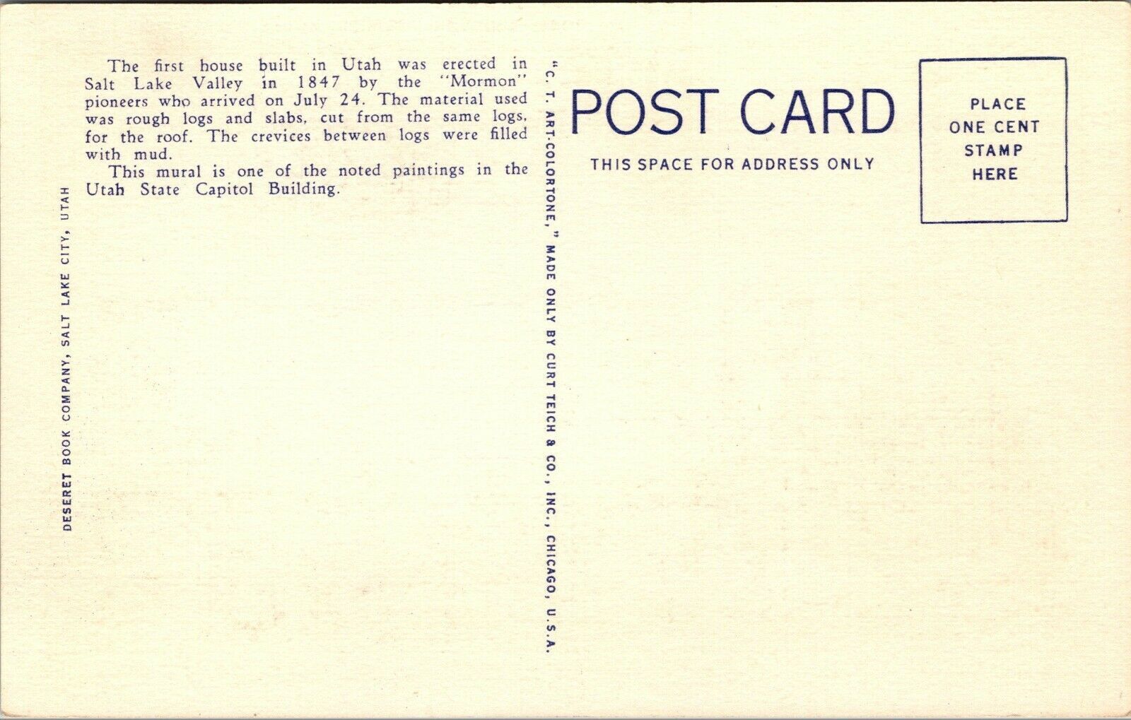 Vtg Building The First House Mural State Capitol Salt Lake City Utah UT ...