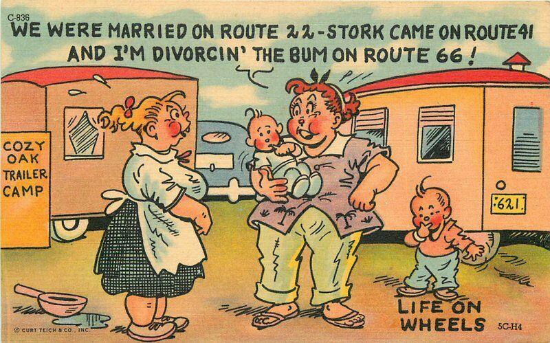 Artist impression Comic Humor Route 66 Travel Trailer Postcard Teich ...