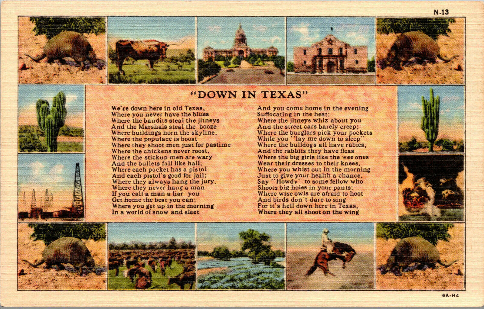 Vtg 1930s Down in Texas TX Poem by Elmer Fisk Long Horn Armadillo Linen ...