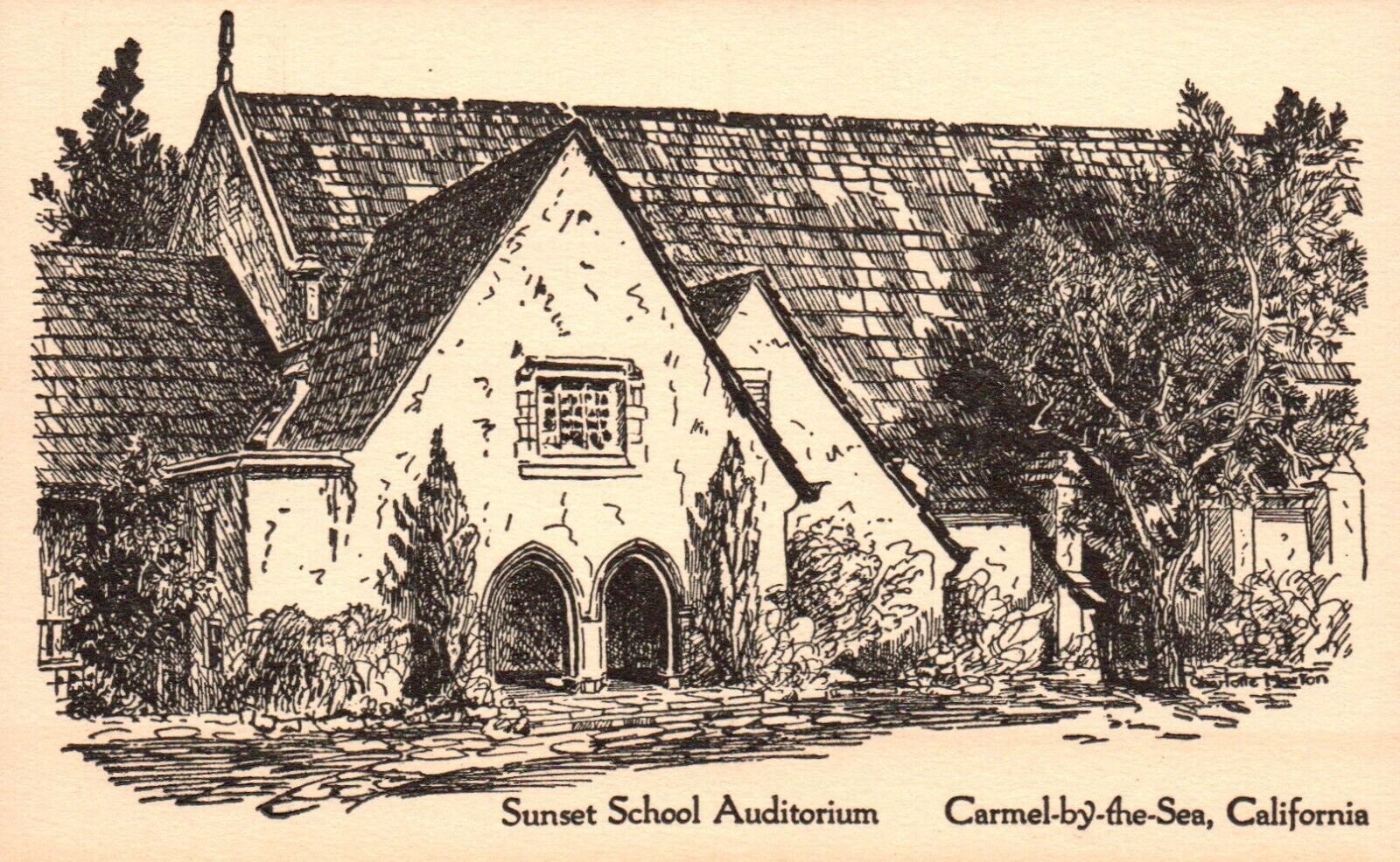 Postcard CA Carmel by the Sea Sunset School Auditorium Vintage Old PC ...