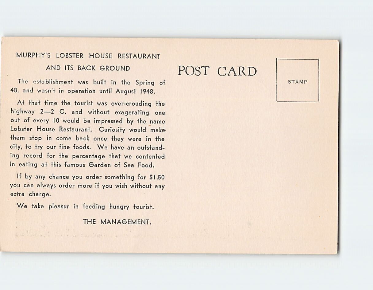 Postcard - Murphy's Lobster House Restaurant And Its Back Ground - New ...