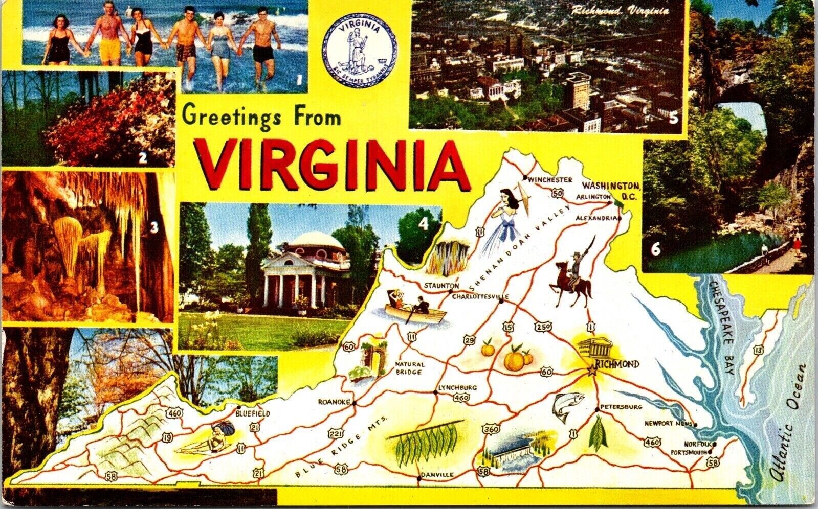 Greetings Virginia VA Labeled Scenic Areas Map Bridge PPL City Postcard ...