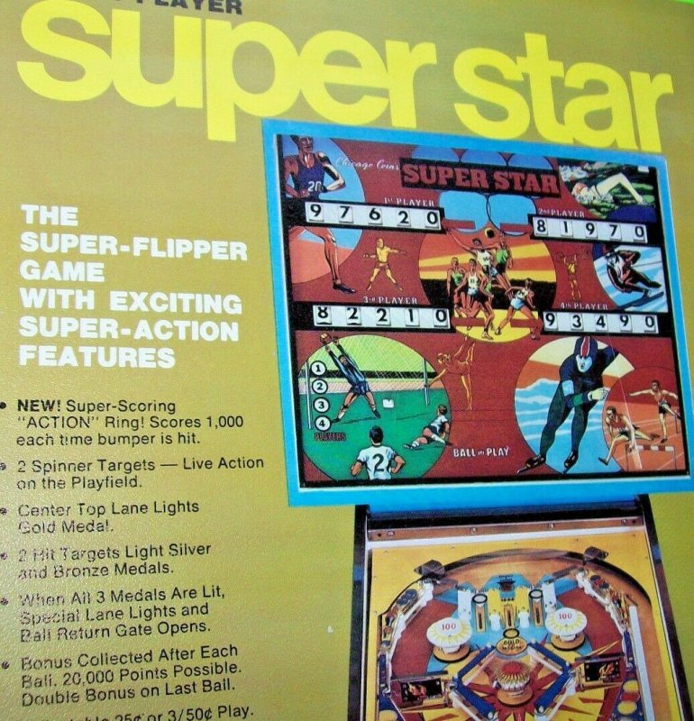 Super Star Vintage Pinball Machine Flyer Chicago Coin Original 1975 ...