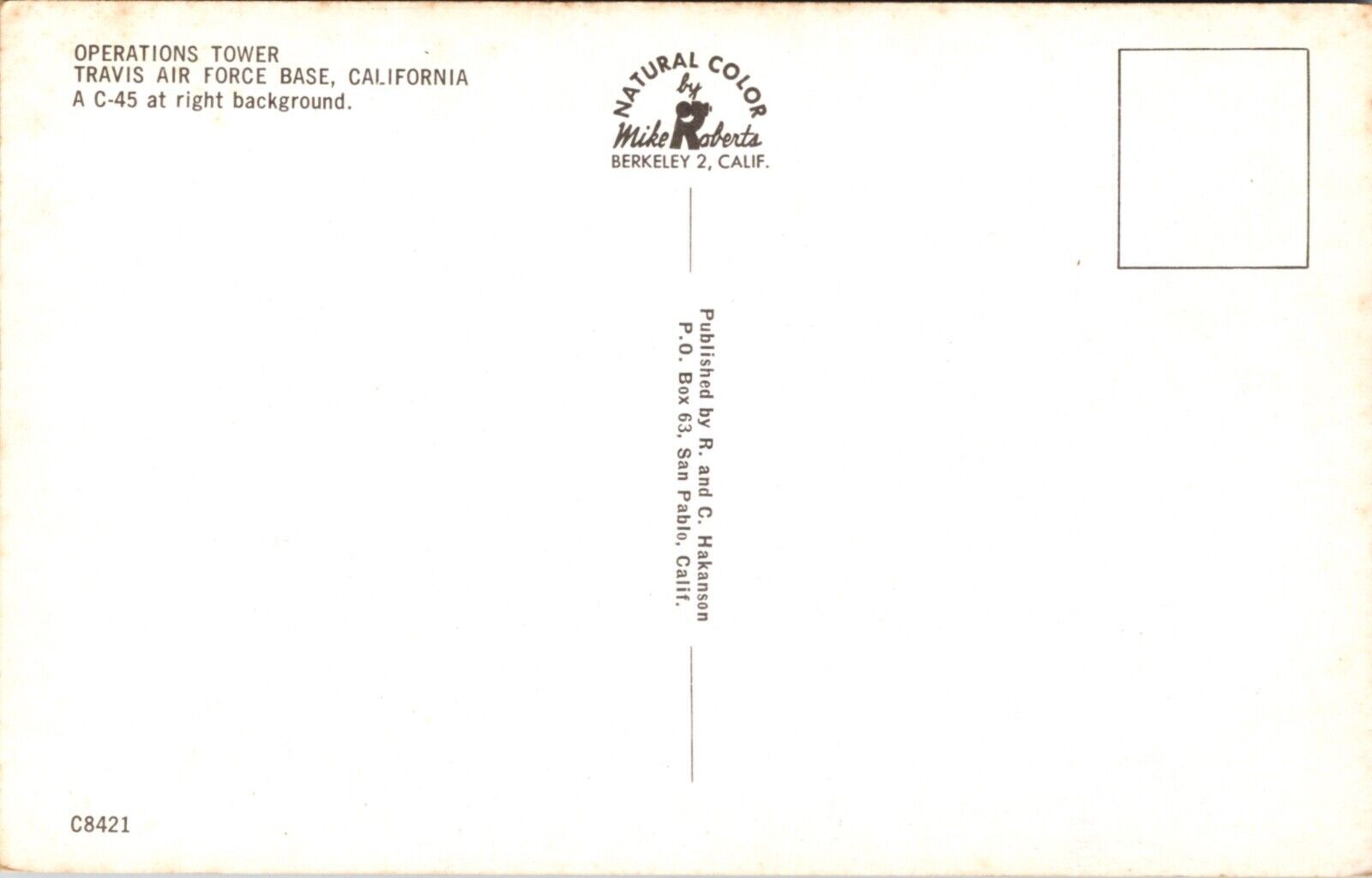 Postcard Operations Tower Travis Air Force Base, California C-45 ...