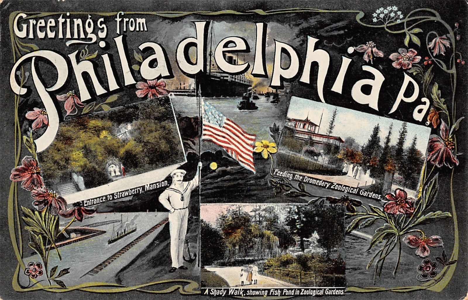 Philadelphia PA~Multi Mini View~Sailor Holds Flag~Art Nouveau~1907 ...