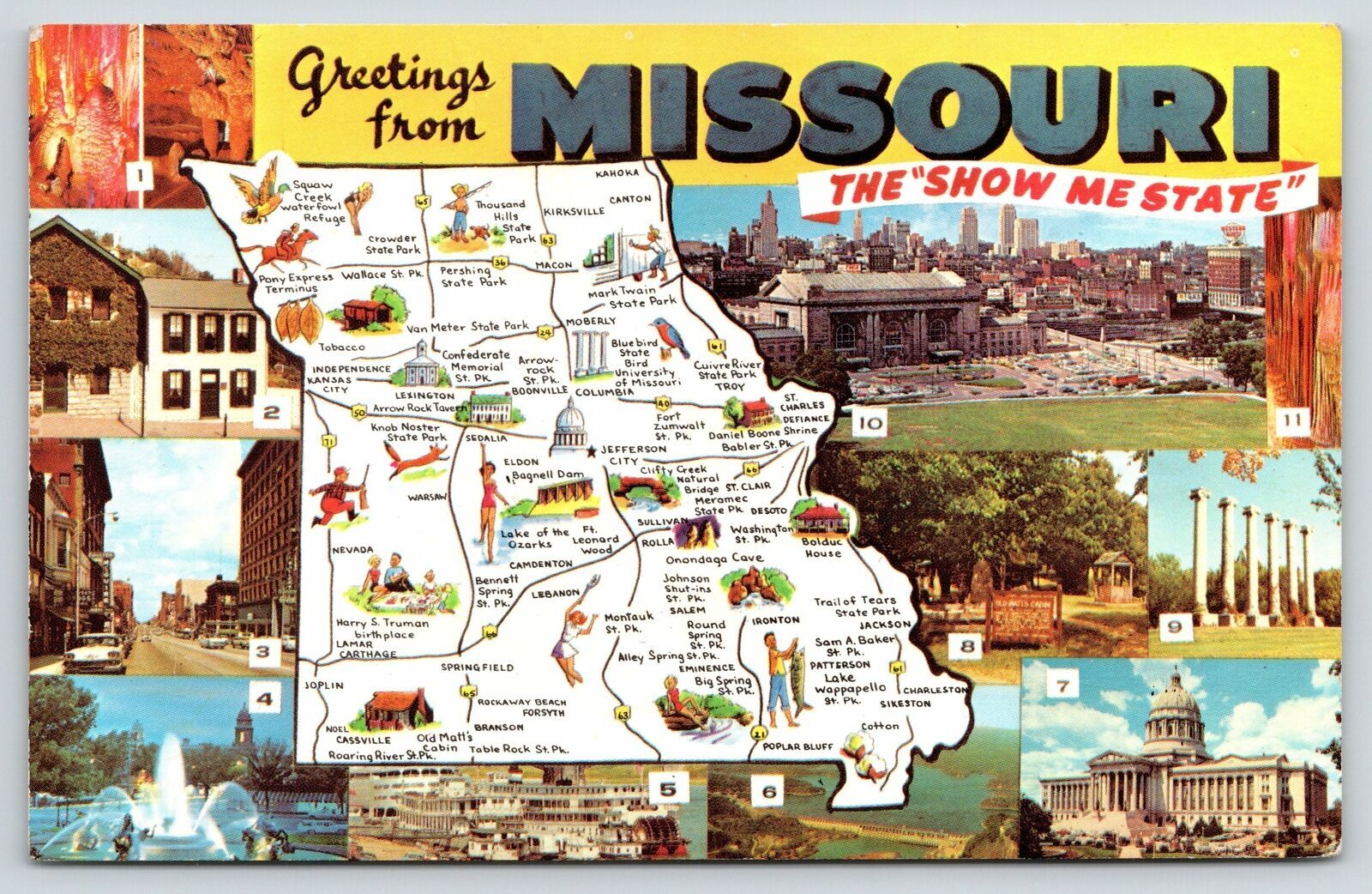 Missouri~Map Postcard: The Show Me State~Swimming~Fishing~Key To 11 ...