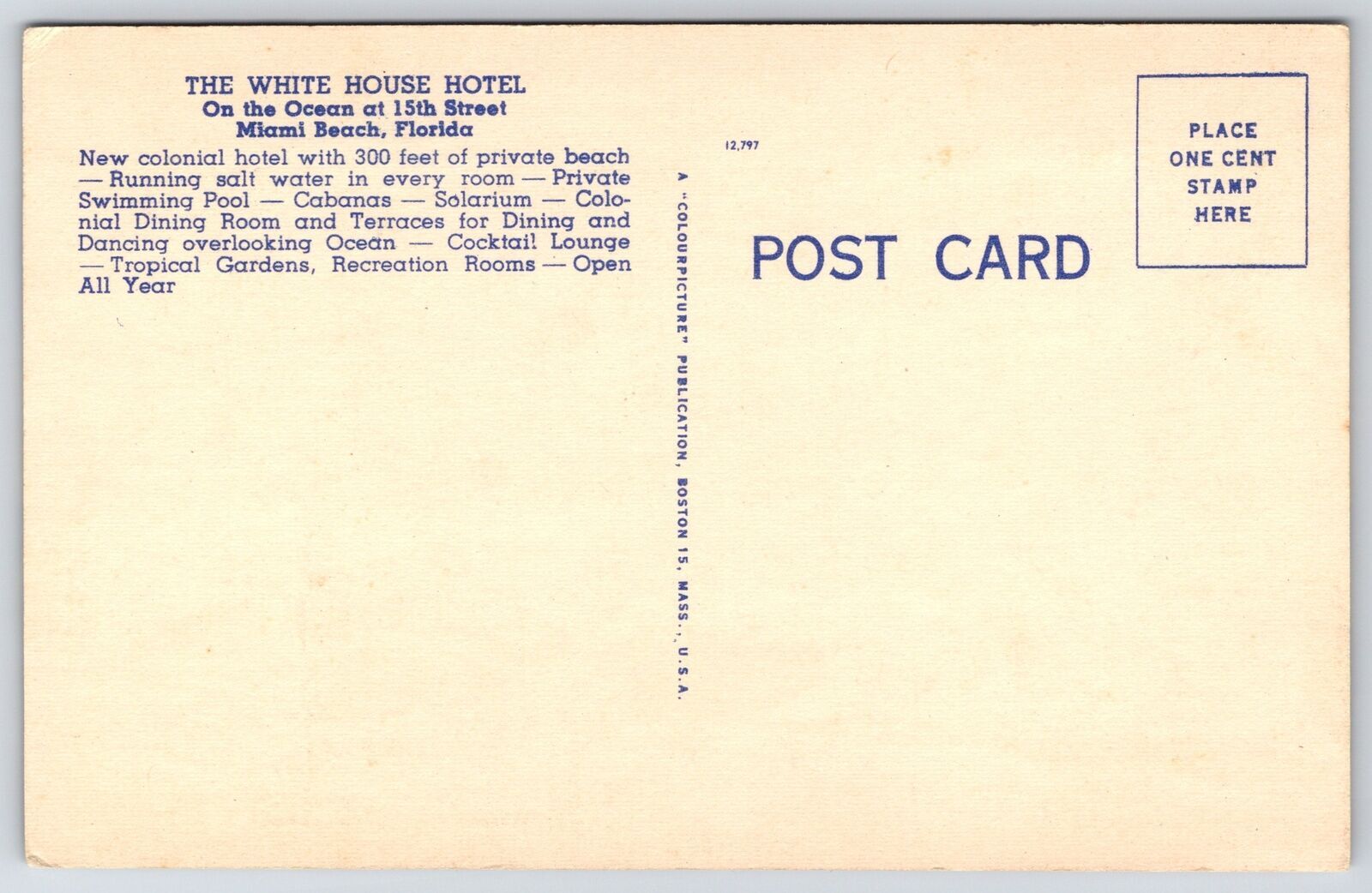 Vintage Postcard The White House Colonial Hotel on Ocean Miami Beach ...