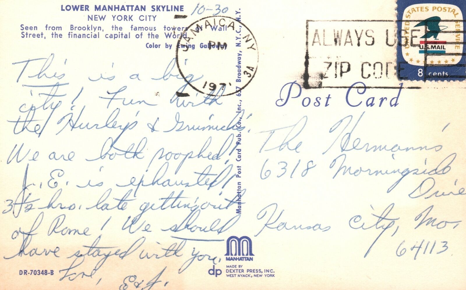 Vintage Postcard 1971 Lower Manhattan Skyline From Brooklyn New York ...