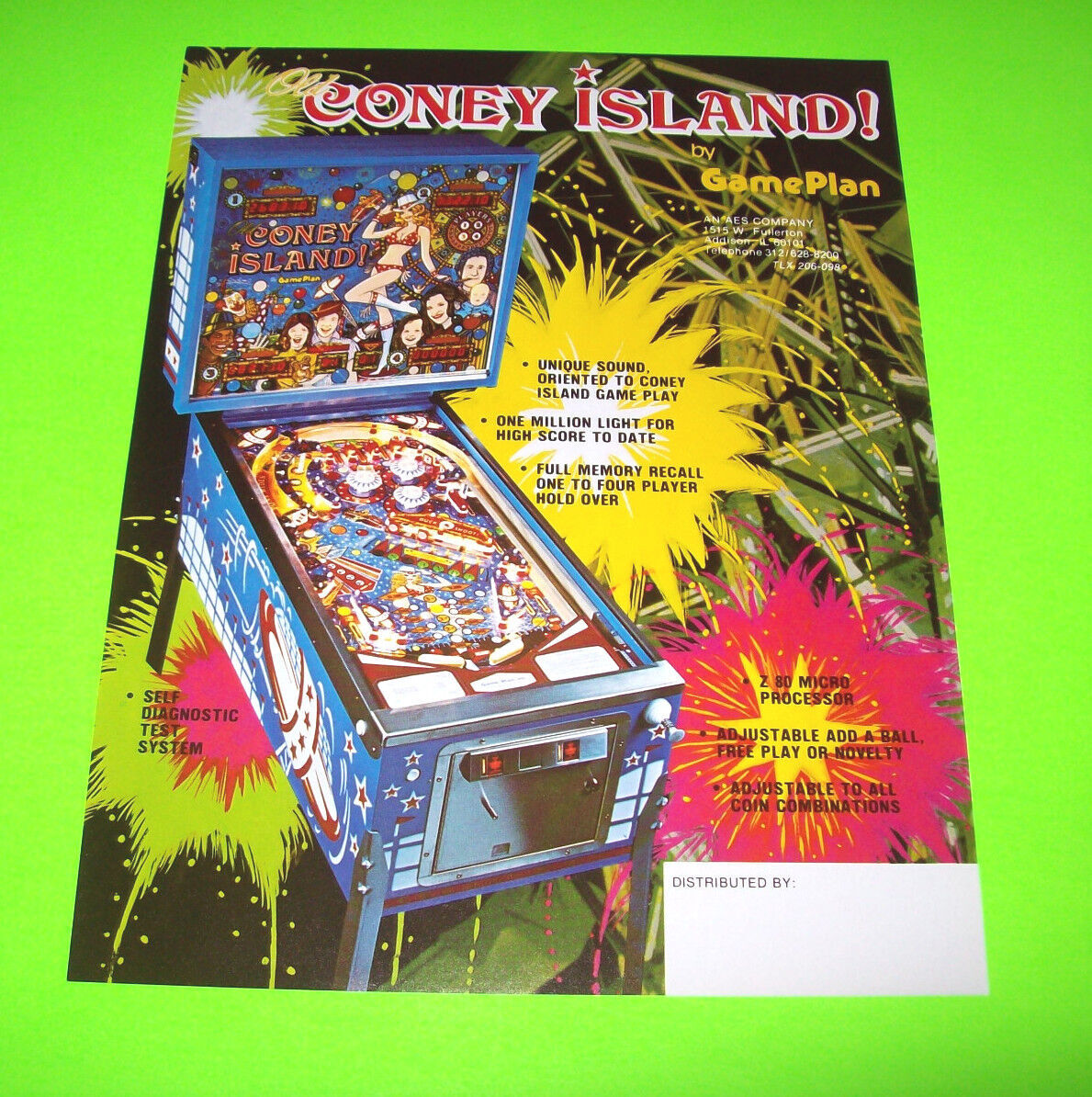 Game Plan Coney Island Pinball Flyer Original 1980 NOS Game Artwork ...