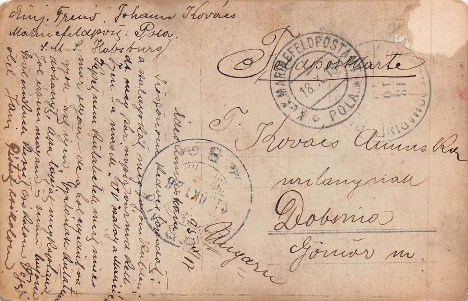 K U K Marinefeldpost Pola~Torpedo on Board Ship~1915 Pstd Dobsina Photo ...