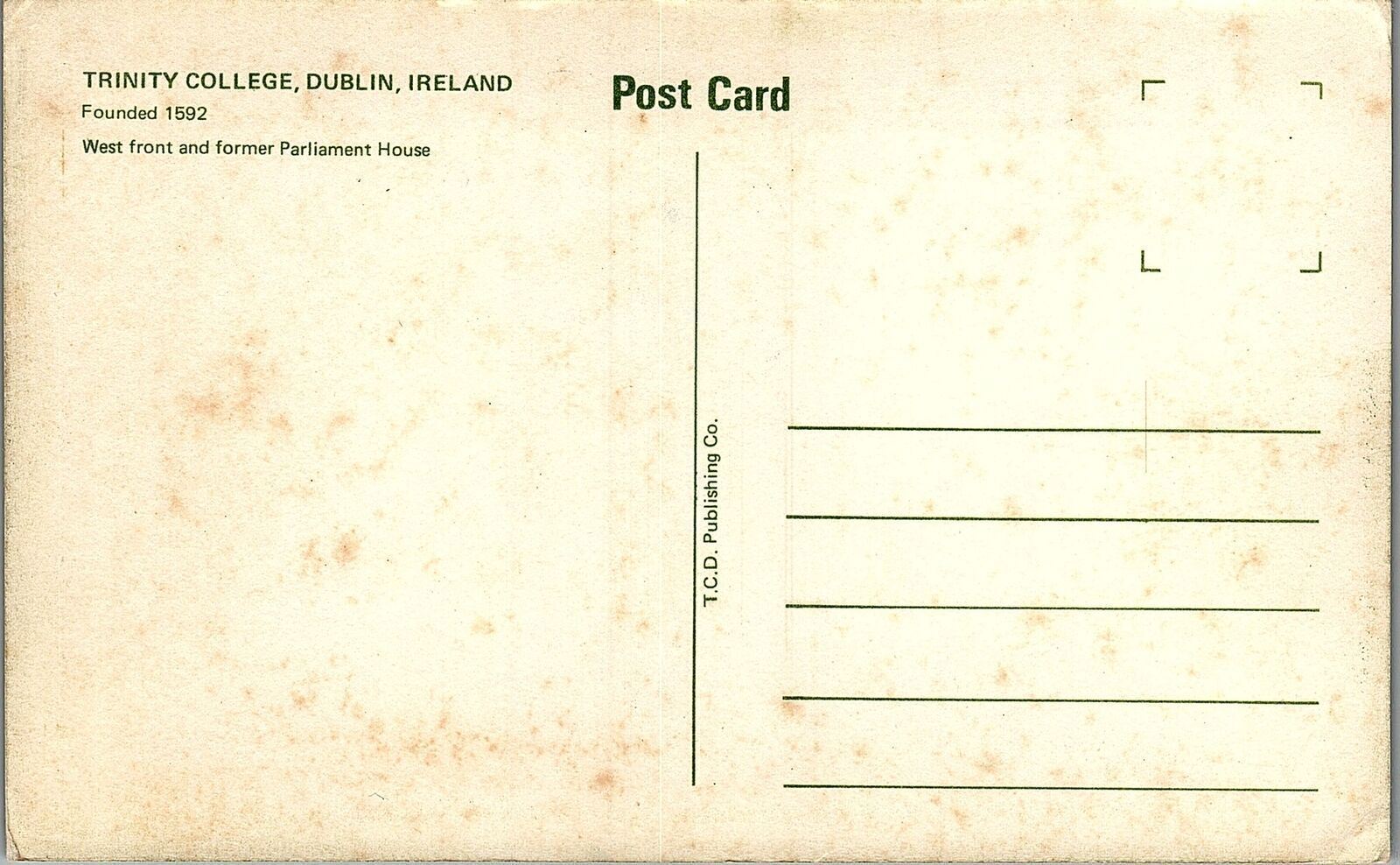Vintage Dublin Ireland Trinity College Founded 1592 Larger Postcard 36 ...